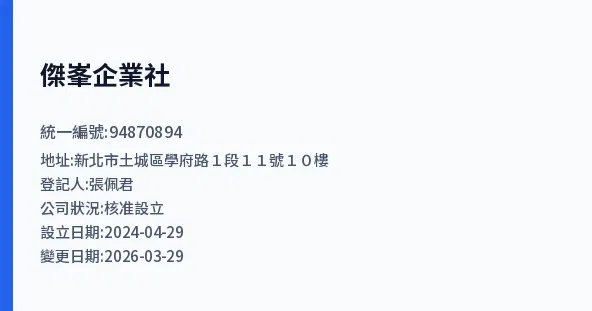傑峯企業社的照片-統編 94870894(新北市) 公司登記資料與營業項目詳細圖表