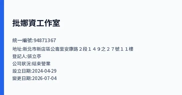 批娜資工作室的照片-統編 94871367(新北市) 公司登記資料與營業項目詳細圖表
