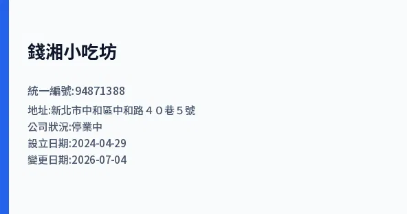 錢湘小吃坊的照片-統編 94871388(新北市) 公司登記資料與營業項目詳細圖表