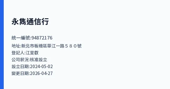 永雋通信行的照片-統編 94872176(新北市) 公司登記資料與營業項目詳細圖表