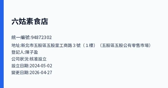 六姑素食店的照片-統編 94872302(新北市) 公司登記資料與營業項目詳細圖表