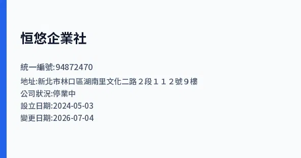 恒悠企業社的照片-統編 94872470(新北市) 公司登記資料與營業項目詳細圖表