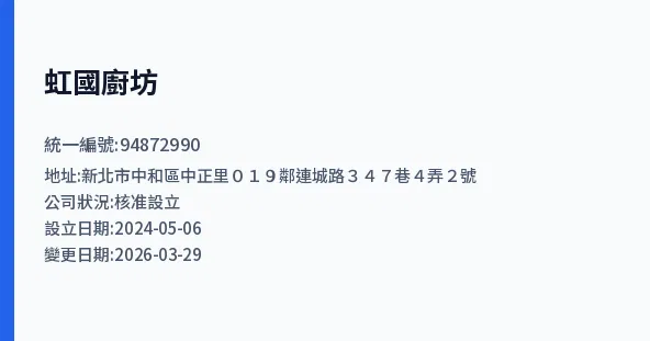 虹國廚坊的照片-統編 94872990(新北市) 公司登記資料與營業項目詳細圖表