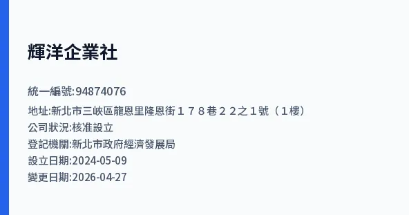 輝洋企業社的照片-統編 94874076(新北市) 公司登記資料與營業項目詳細圖表