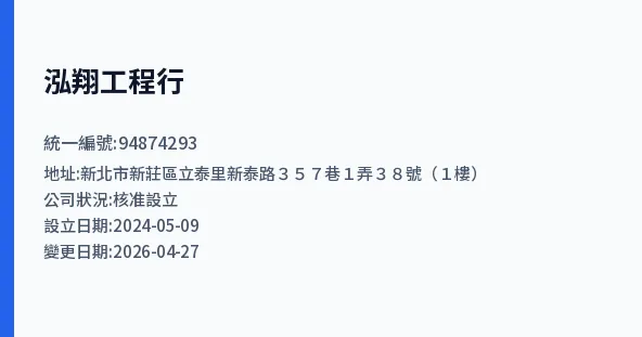 泓翔工程行的照片-統編 94874293(新北市) 公司登記資料與營業項目詳細圖表