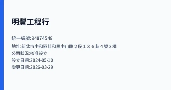 明豐工程行的照片-統編 94874548(新北市) 公司登記資料與營業項目詳細圖表