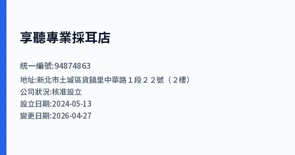 享聽專業採耳店的照片-統編 94874863(新北市) 公司登記資料與營業項目詳細圖表