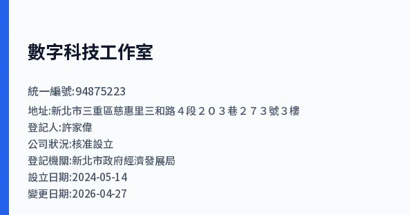 數字科技工作室的照片-統編 94875223(新北市) 公司登記資料與營業項目詳細圖表