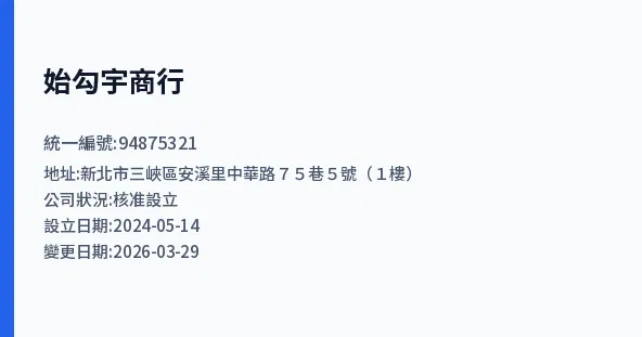 始勾宇商行的照片-統編 94875321(新北市) 公司登記資料與營業項目詳細圖表
