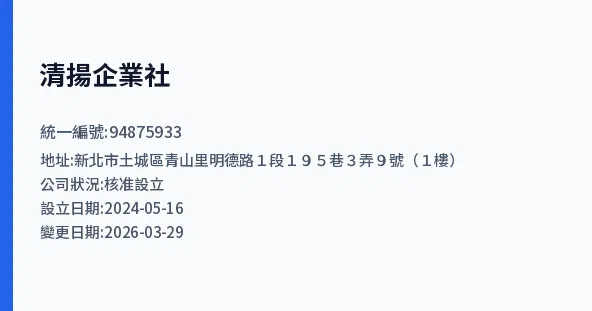 清揚企業社的照片-統編 94875933(新北市) 公司登記資料與營業項目詳細圖表