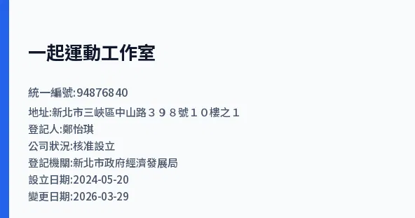 一起運動工作室的照片-統編 94876840(新北市) 公司登記資料與營業項目詳細圖表