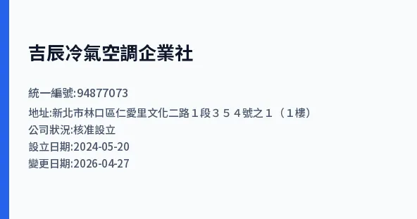 吉辰冷氣空調企業社的照片-統編 94877073(新北市) 公司登記資料與營業項目詳細圖表