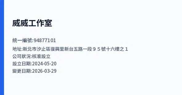 威威工作室的照片-統編 94877101(新北市) 公司登記資料與營業項目詳細圖表