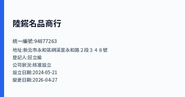陸錵名品商行的照片-統編 94877263(新北市) 公司登記資料與營業項目詳細圖表