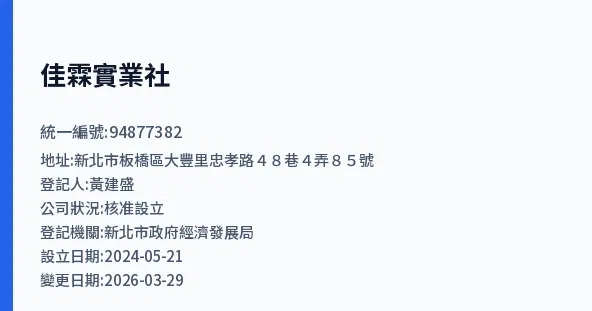 佳霖實業社的照片-統編 94877382(新北市) 公司登記資料與營業項目詳細圖表