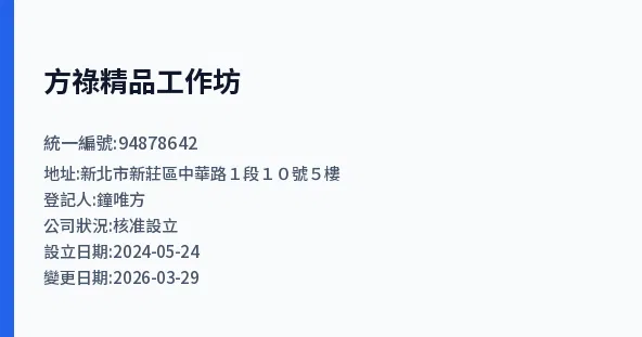方祿精品工作坊的照片-統編 94878642(新北市) 公司登記資料與營業項目詳細圖表