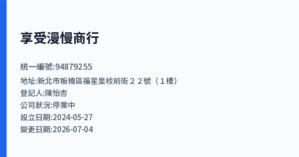 享受漫慢商行的照片-統編 94879255(新北市) 公司登記資料與營業項目詳細圖表