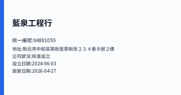 藍泉工程行的照片-統編 94881055(新北市) 公司登記資料與營業項目詳細圖表