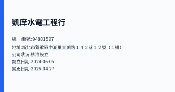 凱庠水電工程行的照片-統編 94881597(新北市) 公司登記資料與營業項目詳細圖表