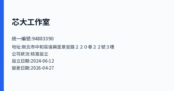 芯大工作室的照片-統編 94883390(新北市) 公司登記資料與營業項目詳細圖表