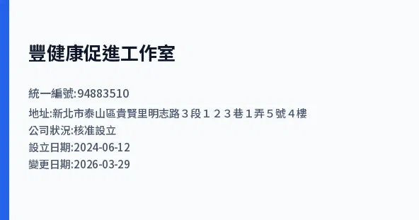 豐健康促進工作室的照片-統編 94883510(新北市) 公司登記資料與營業項目詳細圖表