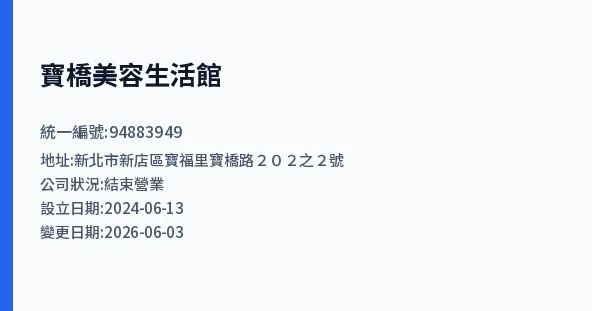 寶橋美容生活館的照片-統編 94883949(新北市) 公司登記資料與營業項目詳細圖表