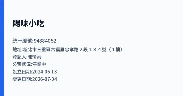 賜味小吃的照片-統編 94884052(新北市) 公司登記資料與營業項目詳細圖表