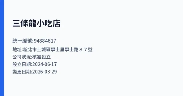 三條龍小吃店的照片-統編 94884617(新北市) 公司登記資料與營業項目詳細圖表