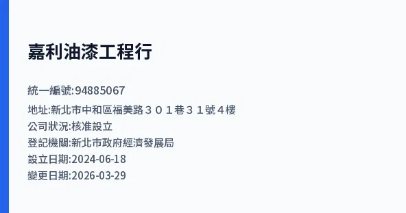 嘉利油漆工程行的照片-統編 94885067(新北市) 公司登記資料與營業項目詳細圖表