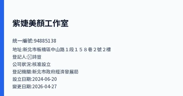 紫婕美顏工作室的照片-統編 94885138(新北市) 公司登記資料與營業項目詳細圖表
