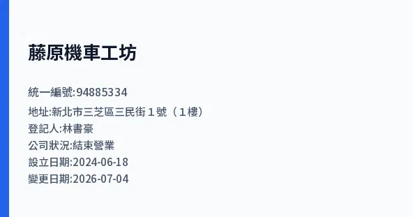 藤原機車工坊的照片-統編 94885334(新北市) 公司登記資料與營業項目詳細圖表