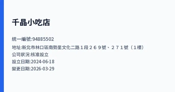千晶小吃店的照片-統編 94885502(新北市) 公司登記資料與營業項目詳細圖表