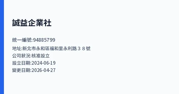 誠益企業社的照片-統編 94885799(新北市) 公司登記資料與營業項目詳細圖表