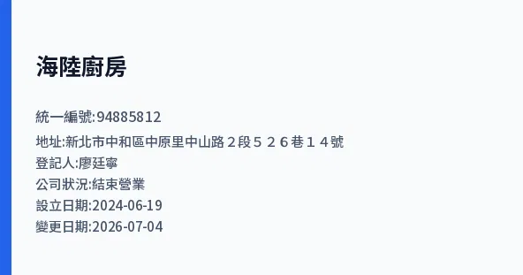 海陸廚房的照片-統編 94885812(新北市) 公司登記資料與營業項目詳細圖表