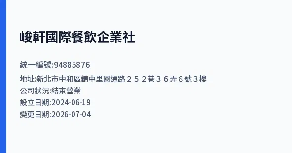 峻軒國際餐飲企業社的照片-統編 94885876(新北市) 公司登記資料與營業項目詳細圖表