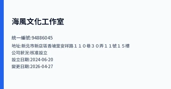 海風文化工作室的照片-統編 94886045(新北市) 公司登記資料與營業項目詳細圖表