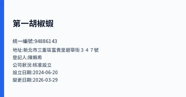 第一胡椒蝦的照片-統編 94886143(新北市) 公司登記資料與營業項目詳細圖表