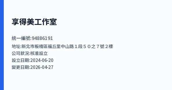 享得美工作室的照片-統編 94886191(新北市) 公司登記資料與營業項目詳細圖表