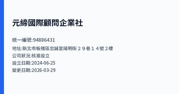 元締國際顧問企業社的照片-統編 94886431(新北市) 公司登記資料與營業項目詳細圖表