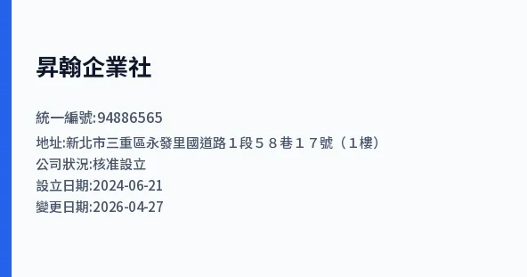 昇翰企業社的照片-統編 94886565(新北市) 公司登記資料與營業項目詳細圖表