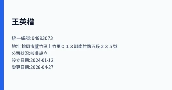 王英楷的照片-統編 94893073(桃園市) 公司登記資料與營業項目詳細圖表