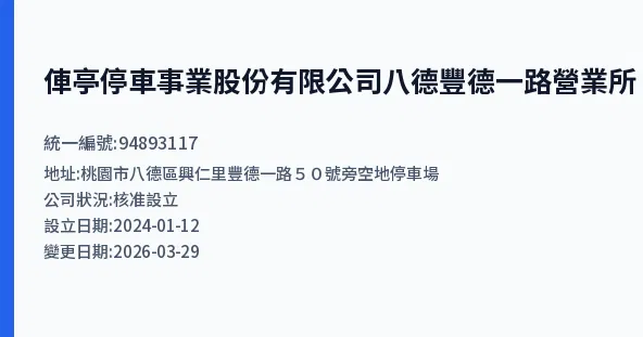 俥亭停車事業股份有限公司八德豐德一路營業所的照片-統編 94893117(桃園市) 公司登記資料與營業項目詳細圖表