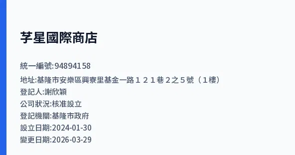 芓星國際商店的照片-統編 94894158(基隆市) 公司登記資料與營業項目詳細圖表