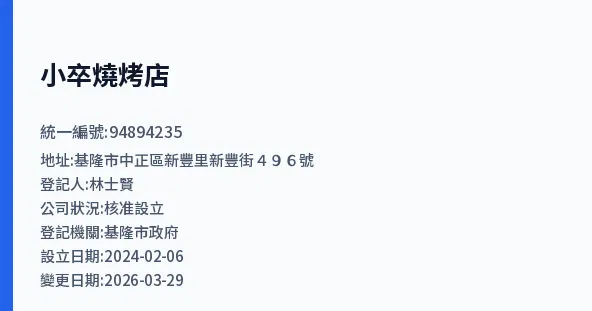 小卒燒烤店的照片-統編 94894235(基隆市) 公司登記資料與營業項目詳細圖表