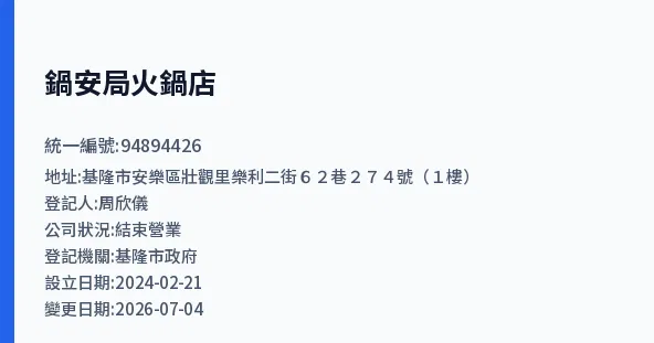 鍋安局火鍋店的照片-統編 94894426(基隆市) 公司登記資料與營業項目詳細圖表