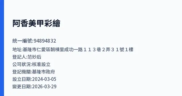 阿香美甲彩繪的照片-統編 94894832(基隆市) 公司登記資料與營業項目詳細圖表