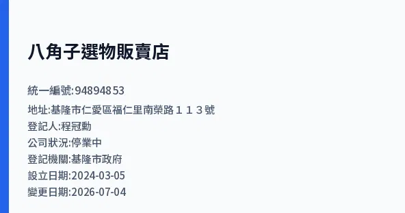 八角子選物販賣店的照片-統編 94894853(基隆市) 公司登記資料與營業項目詳細圖表