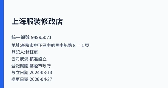 上海服裝修改店的照片-統編 94895071(基隆市) 公司登記資料與營業項目詳細圖表