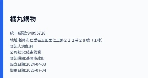 橘丸鍋物的照片-統編 94895728(基隆市) 公司登記資料與營業項目詳細圖表