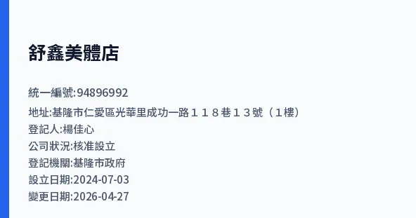 舒鑫美體店的照片-統編 94896992(基隆市) 公司登記資料與營業項目詳細圖表